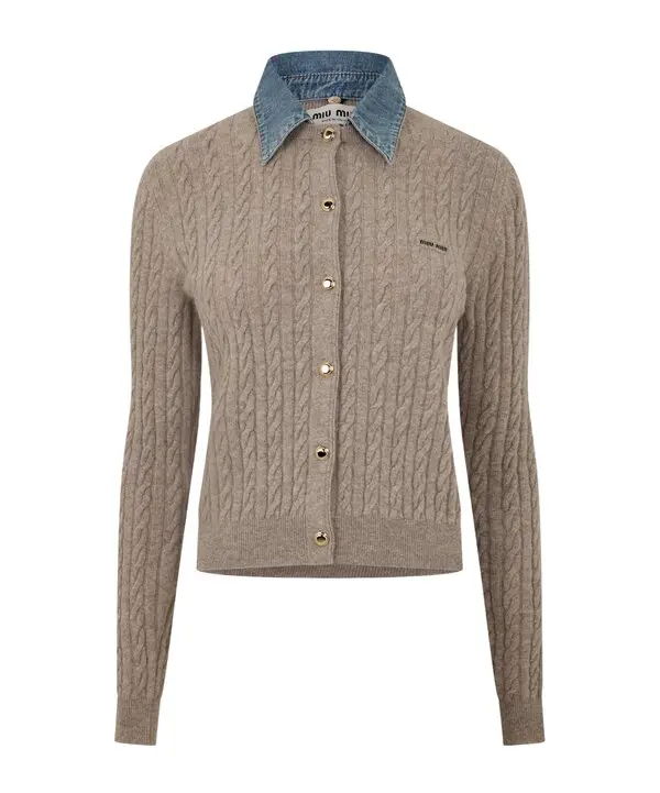 Miu Miu Cashmere Knit Cardigan With Denim Collar - Nude