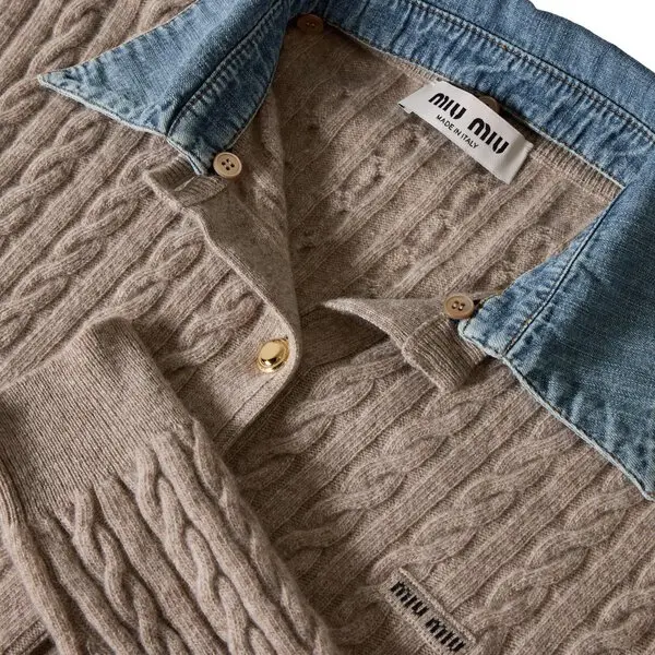 Miu Miu Cashmere Knit Cardigan With Denim Collar - Nude