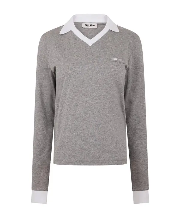 Miu Miu Jersey Top Knitted Long Sleeve Polo Shirt - Gray