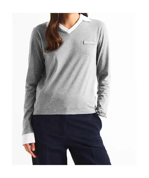 Miu Miu Knitted Long Sleeve Polo Shirt - Gray