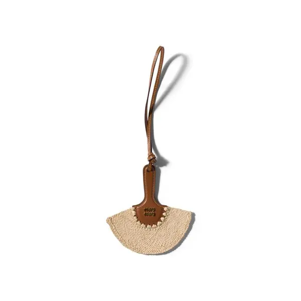 Miu Miu Raffia And Leather Fan Accessory - Beige/cognac