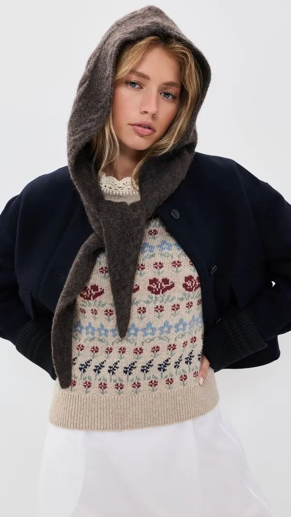 Sea Cable Knit Hood Scarf - Charcoal