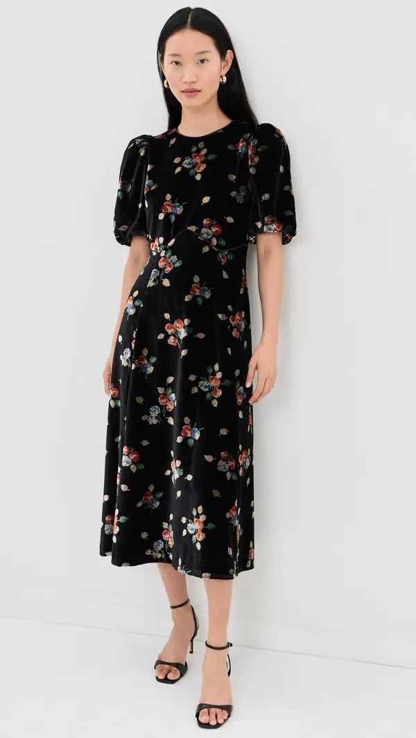 Sea Leda Velvet Puff Sleeve Midi Dress