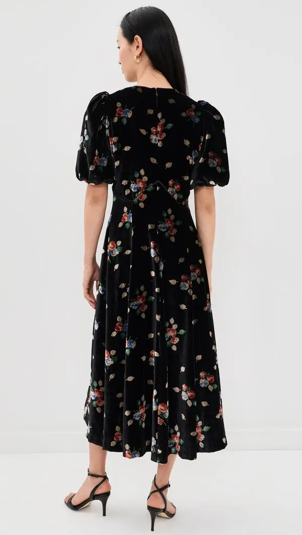 Sea Leda Velvet Puff Sleeve Midi Dress