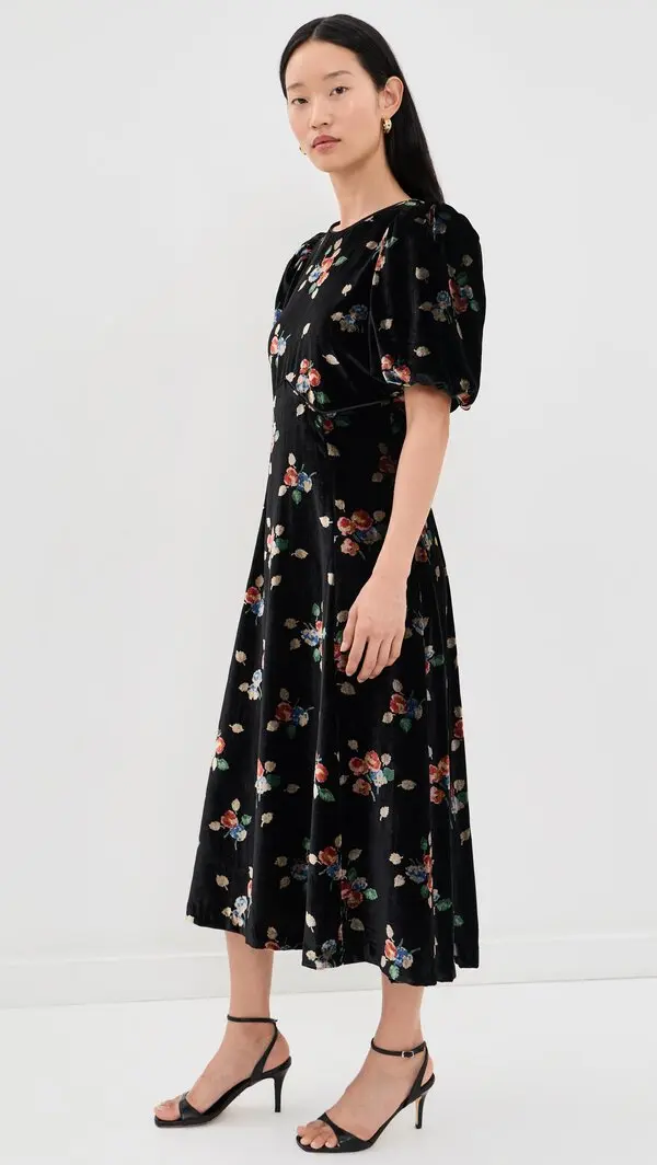 Sea Leda Velvet Puff Sleeve Midi Dress