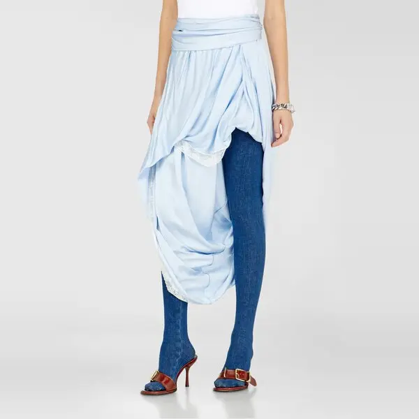 DIESEL® Draped Satin Midi Skirt With Lace Trim And Belt - Blue