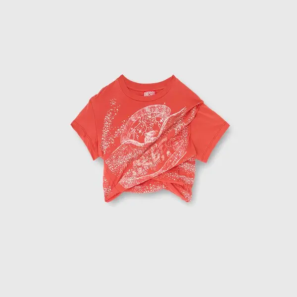DIESEL® Double-layer Jersey Rucked-up T-shirt With Rhinestone Embellishments - Red