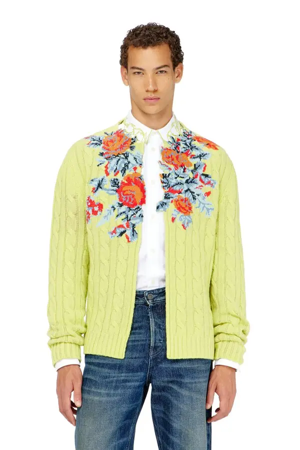 DIESEL® Floral Cable Knit Open-front Cardigan - Yellow