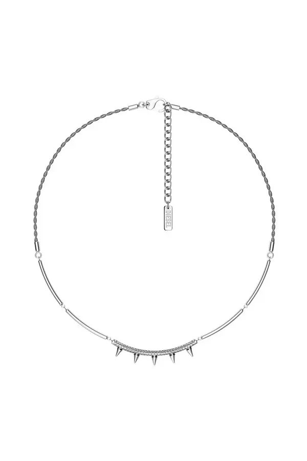 DIESEL® Stainless Steel Chain Necklace With Pave And Spiked Embellishments - Silver
