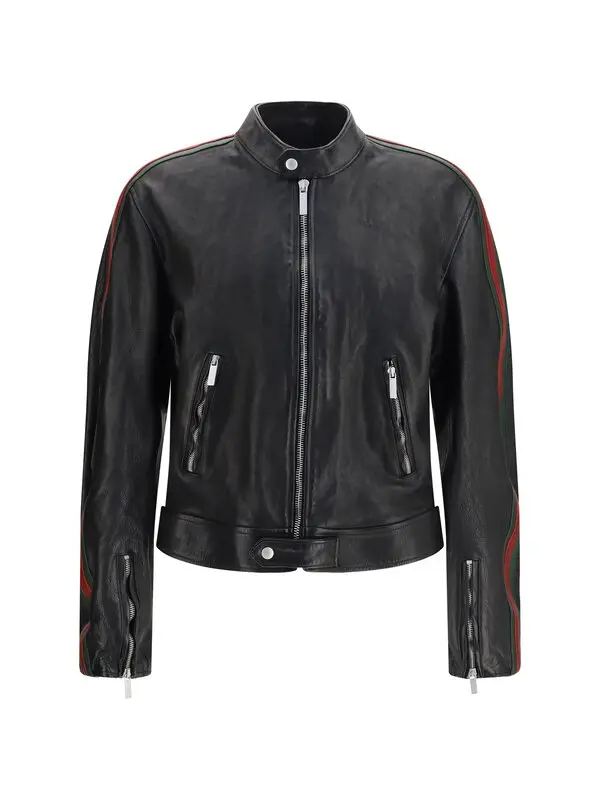 Gucci Leather Bomber Jacket With Web Trim
