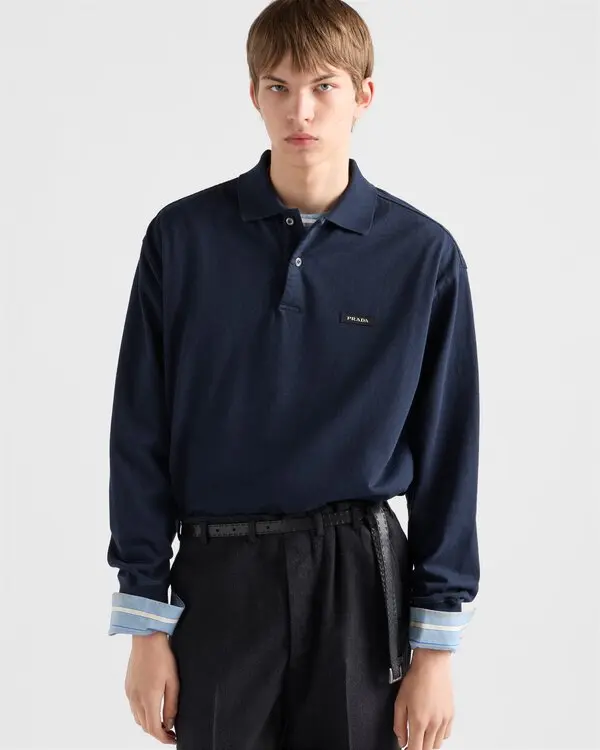 Prada Long-leeved Cotton Polo Hirt - Navy