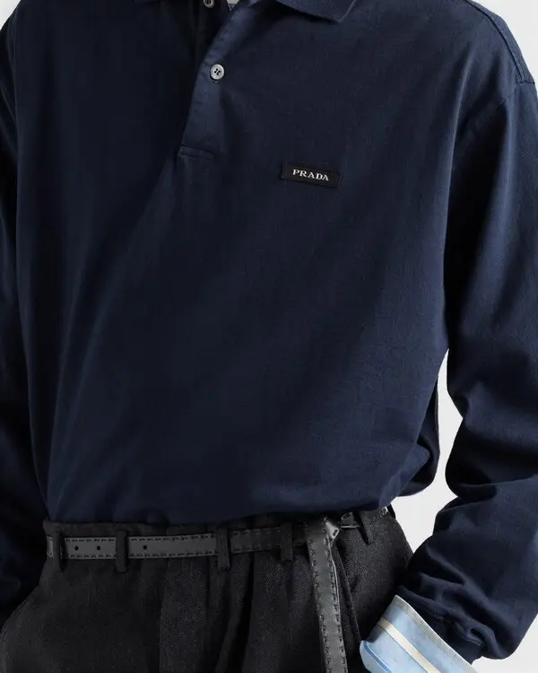 Prada Long-leeved Cotton Polo Hirt - Navy