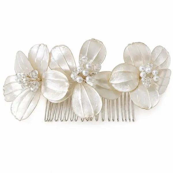 NUVV COLLECTION Handmade Mother Of Pearl Floral Hair Comb - White