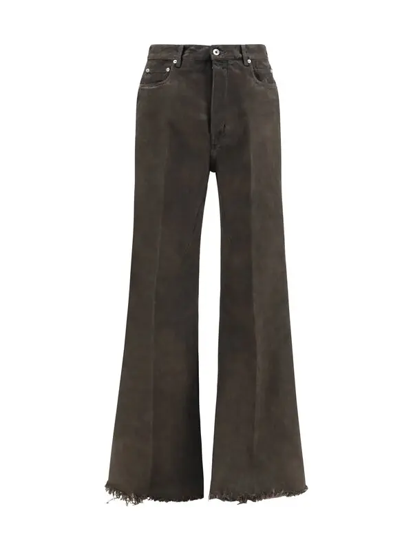 Rick Owens Flared Frayed Hem Cotton Jeans