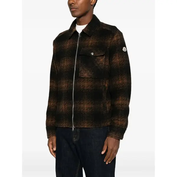 Moncler Checked Wool Blend Zip-up Shirt Jacket - Brown