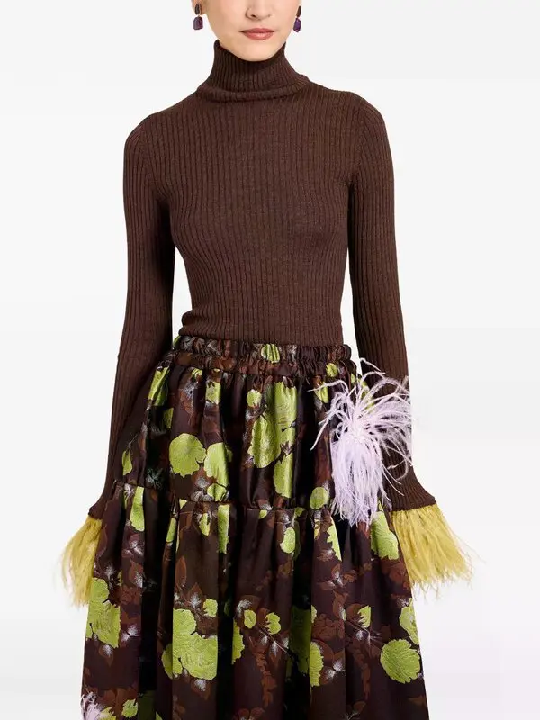 La DoubleJ Ribbed Silk Cashmere High Neck Top With Feather Trim - Brown