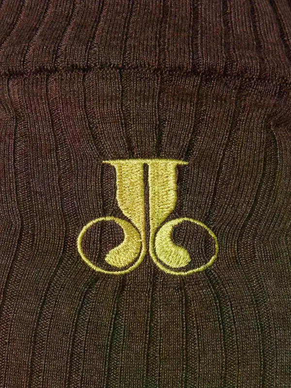 La DoubleJ Ribbed Silk Cashmere High Neck Top With Feather Trim - Brown