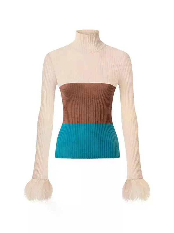 La DoubleJ High Neck Ribbed Knit Top With Feather Cuffs
