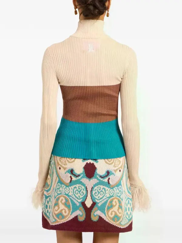 La DoubleJ High Neck Ribbed Knit Top With Feather Cuffs
