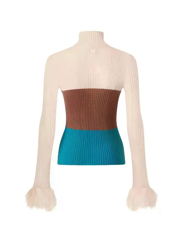 La DoubleJ High Neck Ribbed Knit Top With Feather Cuffs