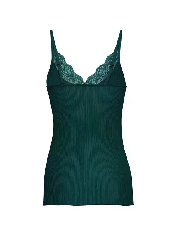 Saint Laurent Ribbed Silk V-neck Lace Trim Tank Top - Green