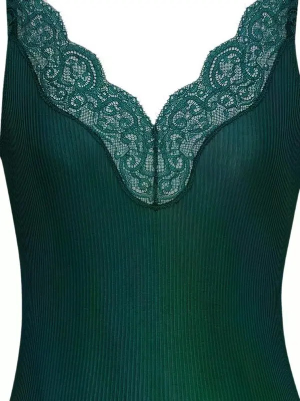 Saint Laurent Ribbed Silk V-neck Lace Trim Tank Top