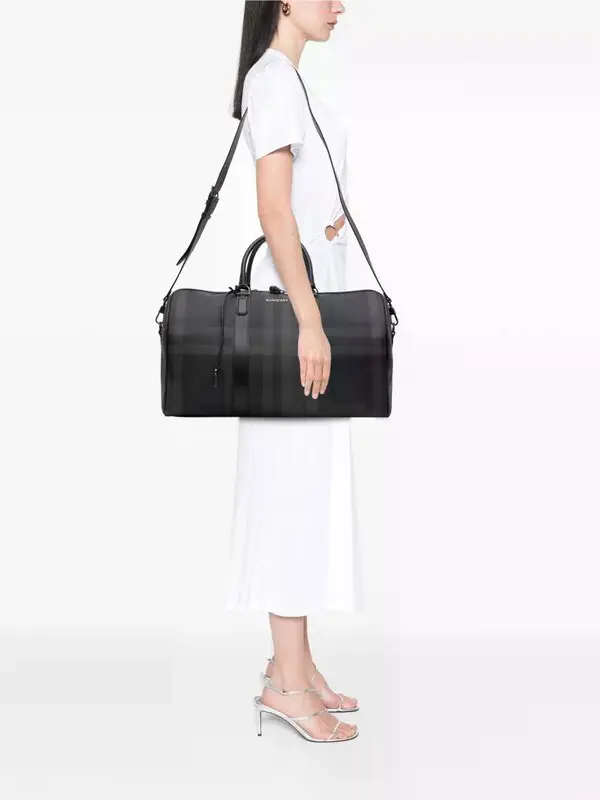 Burberry Plaid Coated Canvas Barrel Duffle Travel Bag - Grey