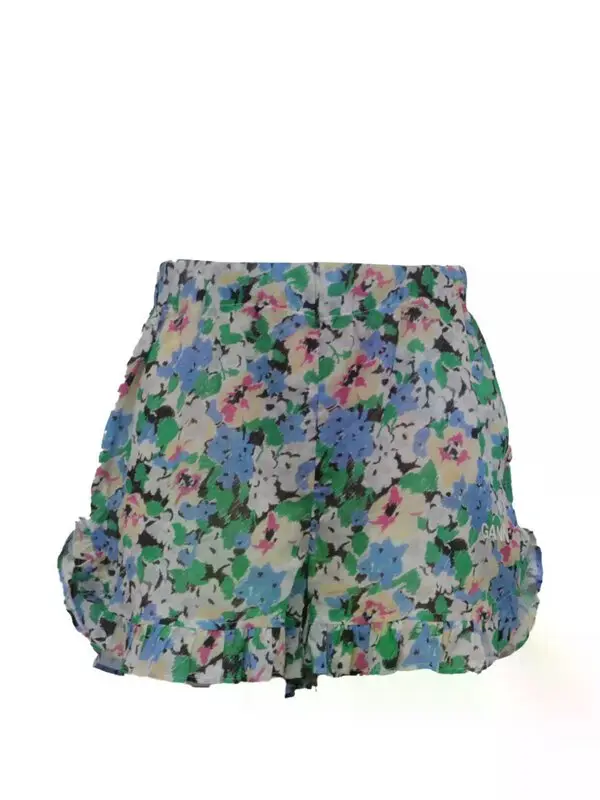 GANNI Floral Print Ruffle Trim Shorts - White