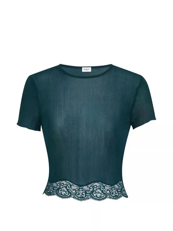 Saint Laurent Ribbed Silk T-shirt With Lace Detail - Green