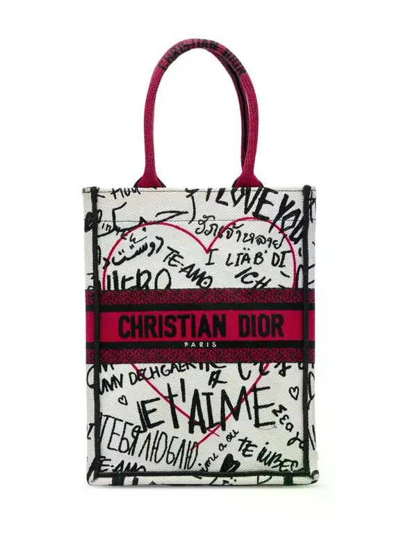 Dior 2020 Dioramour Embroidered Canvas Graffiti Vertical Book Tote Bag
