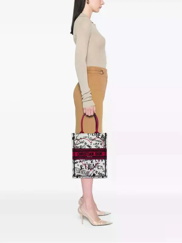 Dior 2020 Dioramour Embroidered Canvas Graffiti Vertical Book Tote Bag