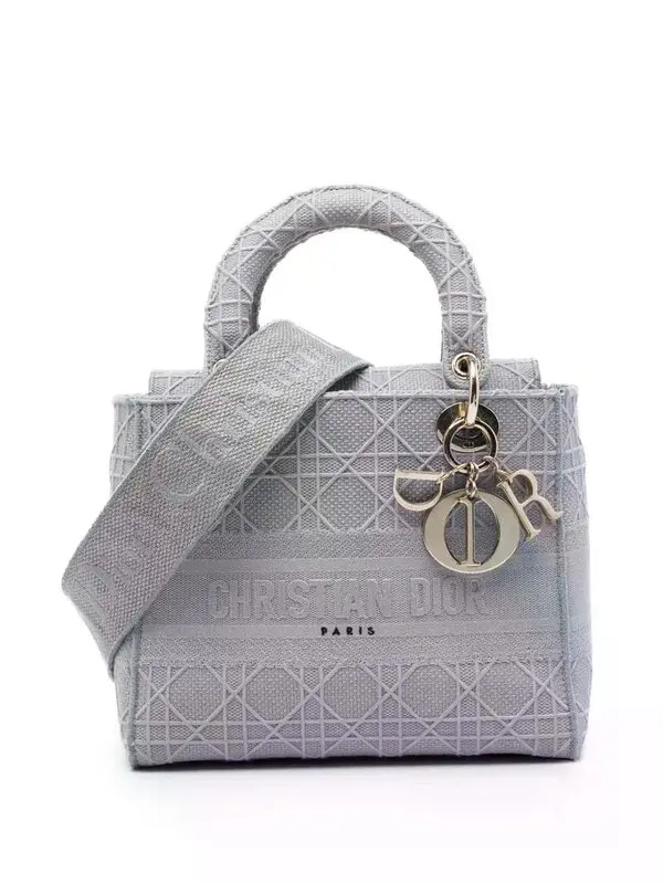 Dior Medium Embroidered Canvas Cannage Lady D Lite Satchel - Grey