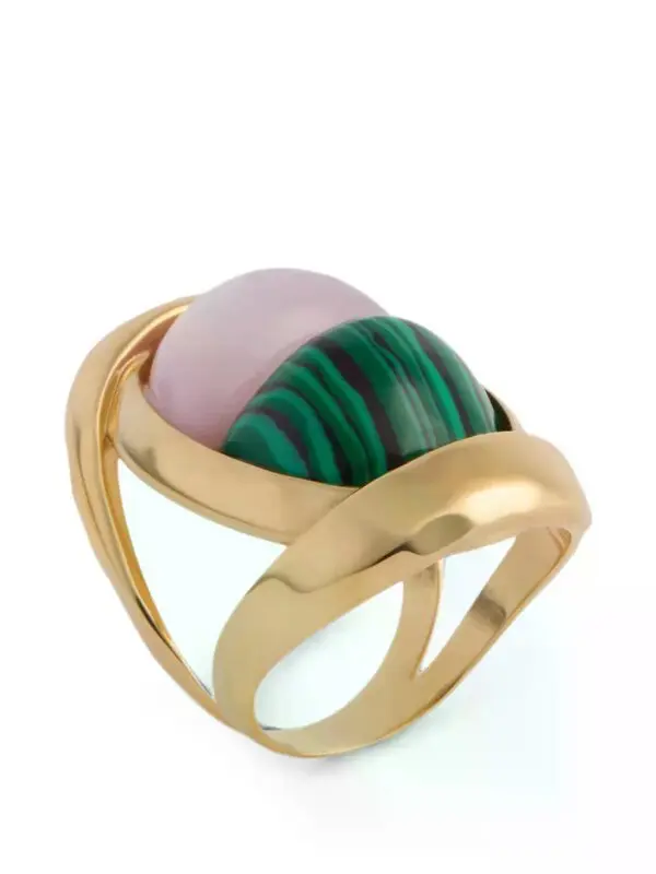 La DoubleJ Spells Statement Ring In 24k Plated Brass With Malachite And Pink Quartz