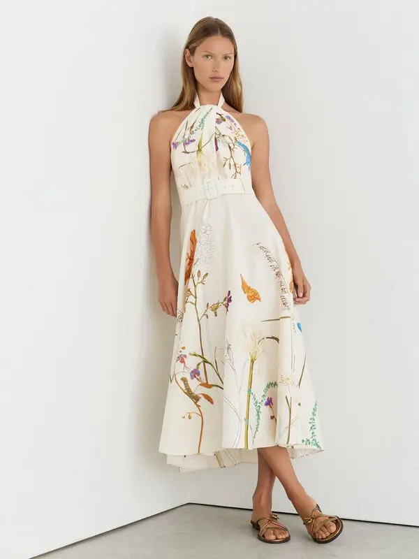 REISS Livvy Butterfly Print Halterneck Midi Dress