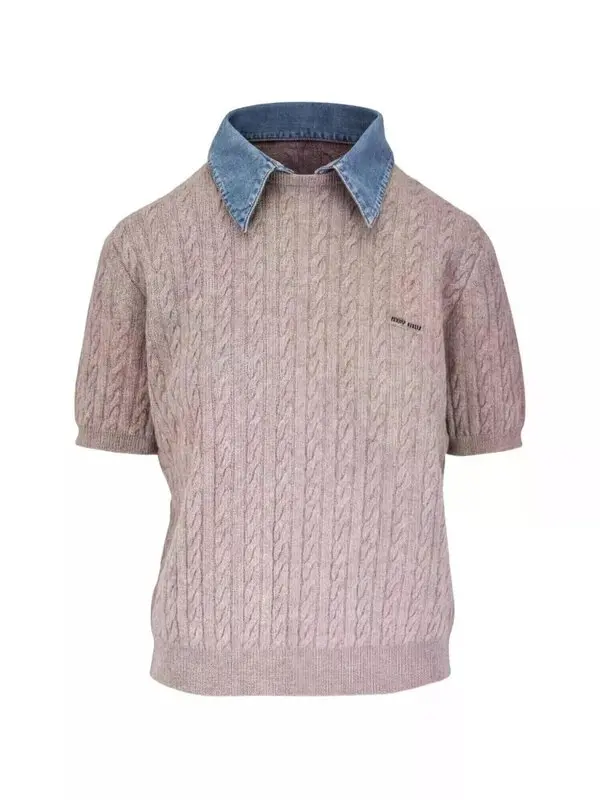 Miu Miu Cable-knit Sweater With Contrast Denim Collar - Neutrals