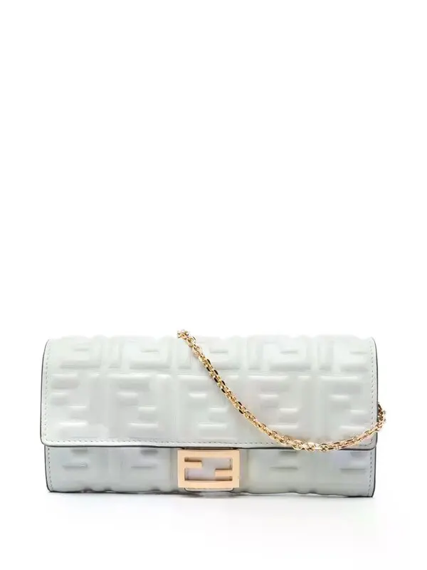 Fendi 2021 Zucca Embossed Nappa Baguette Continental Wallet With Chain Crossbody Bag - White