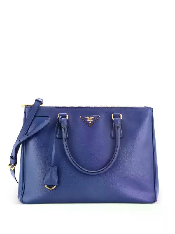 Prada Lux Saffiano Leather Double Zip Tote Bag - Blue