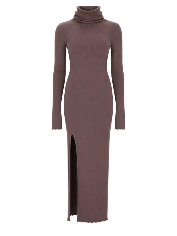 Rick Owens Ribbed Wool Turtleneck Dress With High Slit