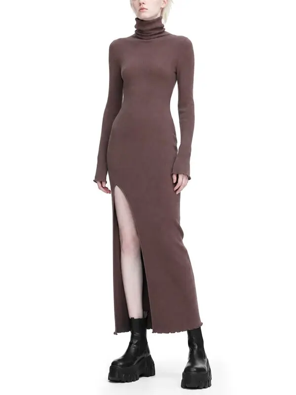 Rick Owens Ribbed Wool Turtleneck Dress With High Slit