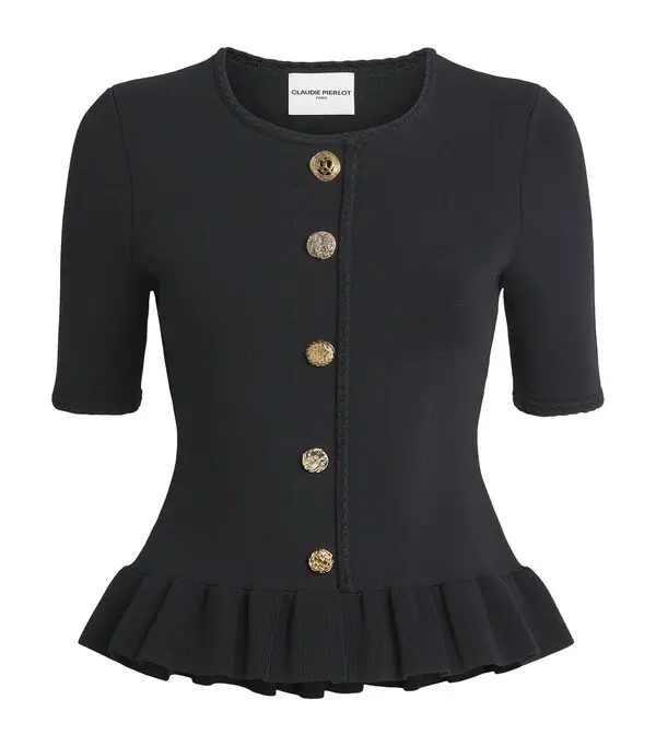 Claudie Pierlot Braid-detail Knitted Top With Ruffle Hem - Black