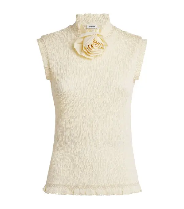 Sandro Smocked Floral Appliqué Tank Top - Beige