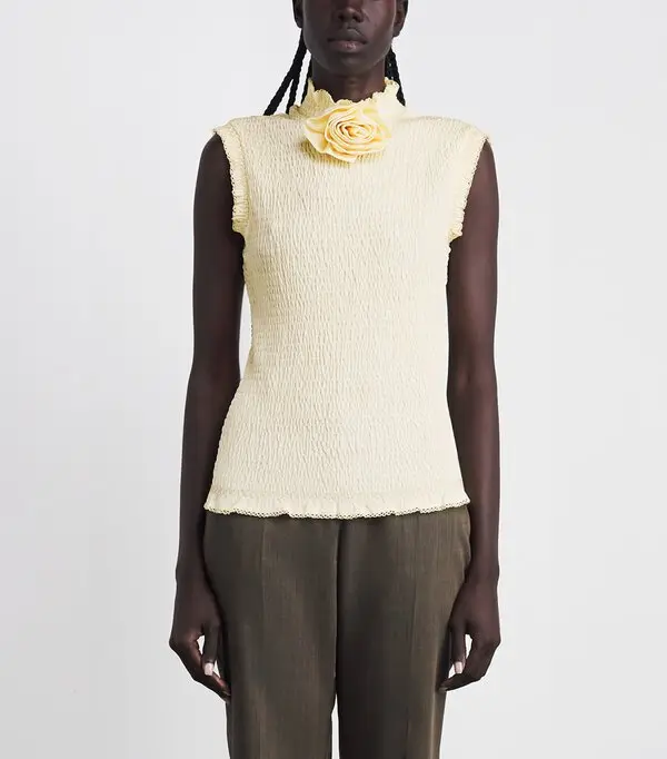 Sandro Smocked Floral Appliqué Tank Top - Beige