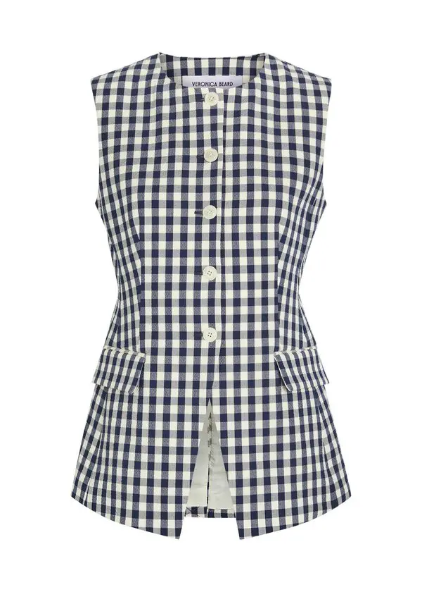 Veronica Beard Lois Gingham Seersucker Vest - Navy