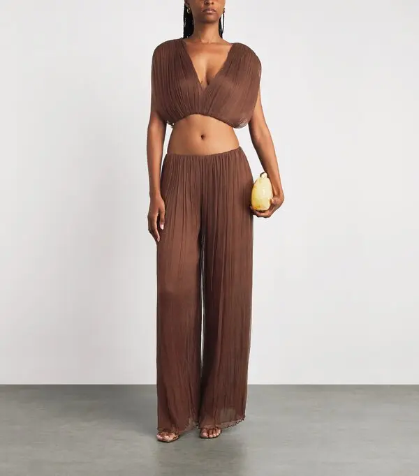 MORE NOIR Silk Chiffon Pleated Wide Leg Trousers