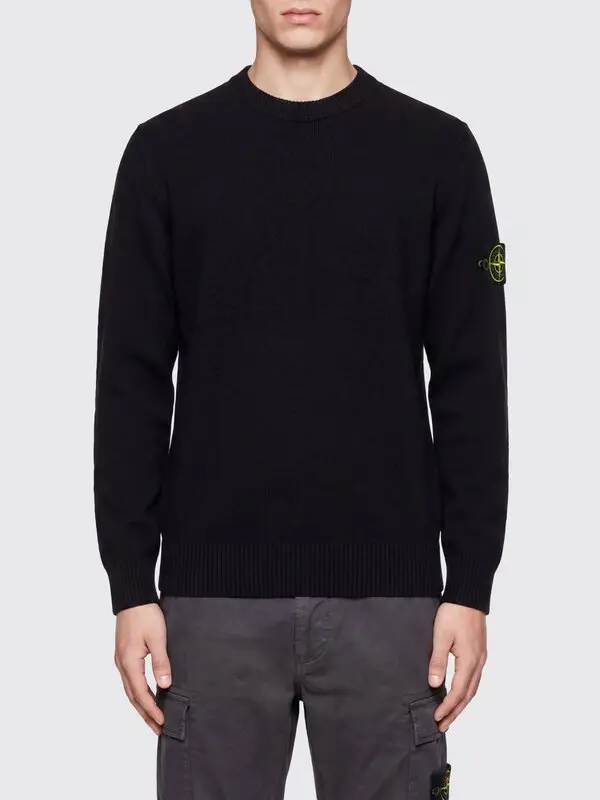 Stone Island Virgin Wool Crewneck Jumper With Compass Logo Patch - Black