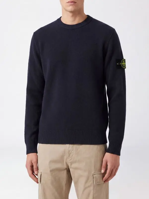 Stone Island Virgin Wool Crewneck Jumper With Compass Logo Patch - Blue