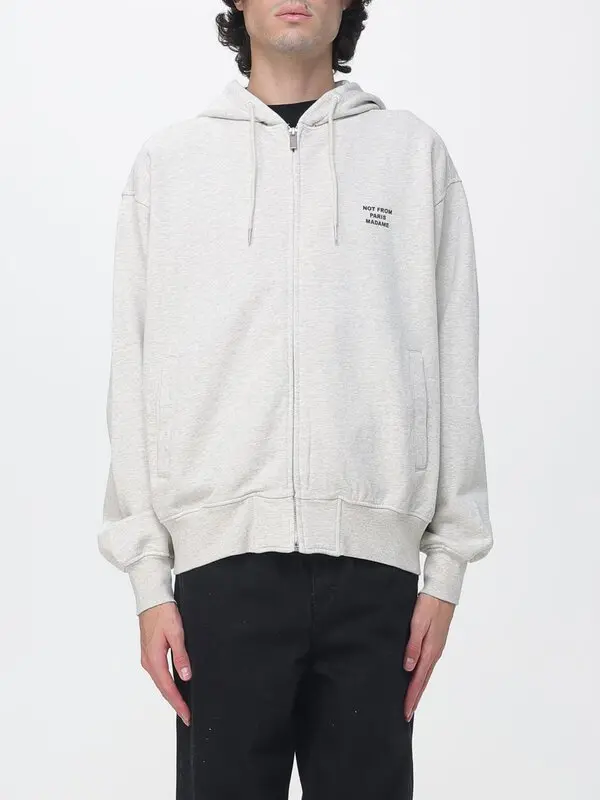 Drole De Monsieur Zipped Cotton Hoodie With Contrast Logo - Grey