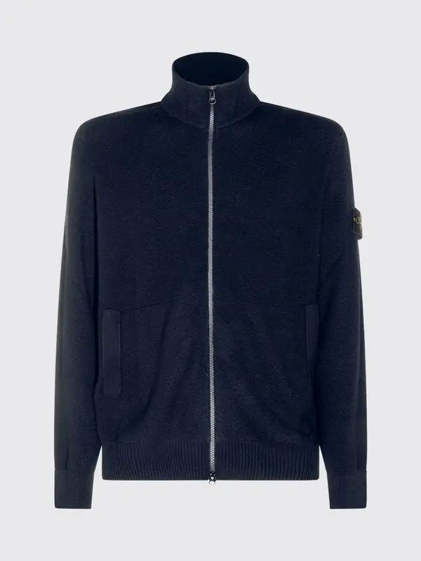 Stone Island Virgin Wool Turtleneck Cardigan With Compass Logo Patch - Navy