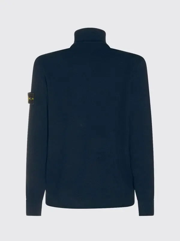 Stone Island Virgin Wool Turtleneck Cardigan With Compass Logo Patch - Navy