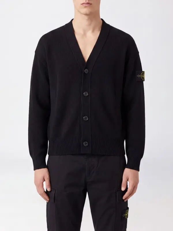 Stone Island V-neck Pure Virgin Wool Cardigan With Compass Logo
